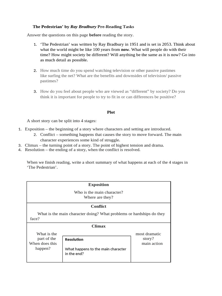 Pre-Reading Tasks for "The Pedestrian" | PDF | Essays