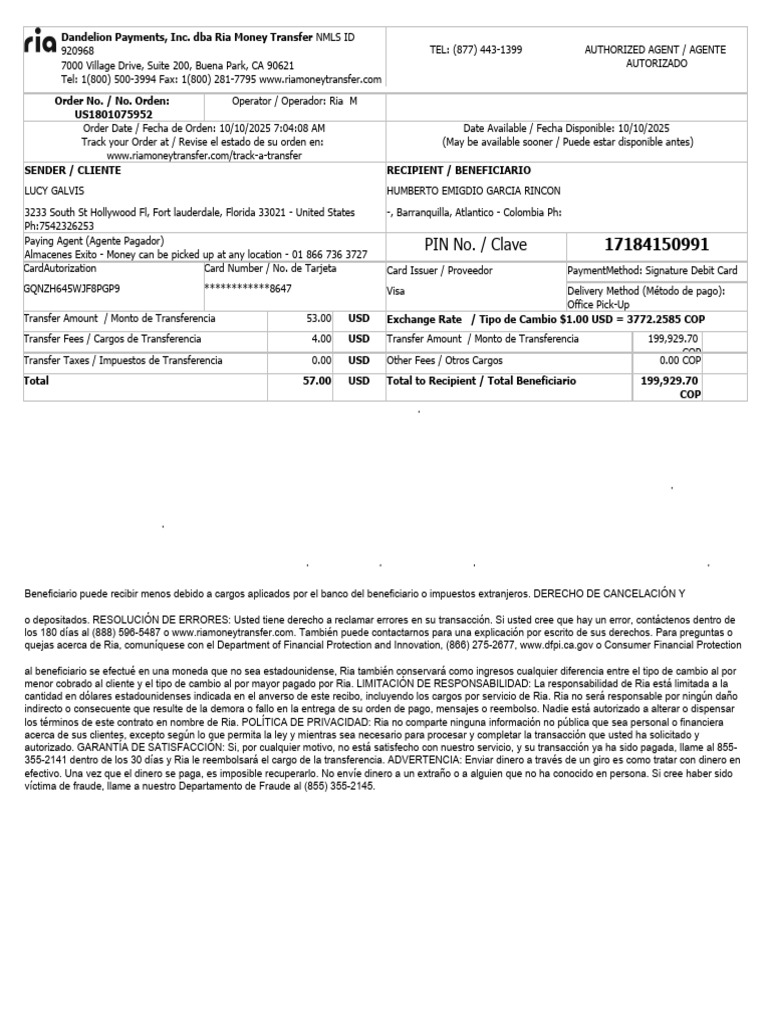 Ria Order Receipt US1801075952 | PDF | Sector privado | Dinero