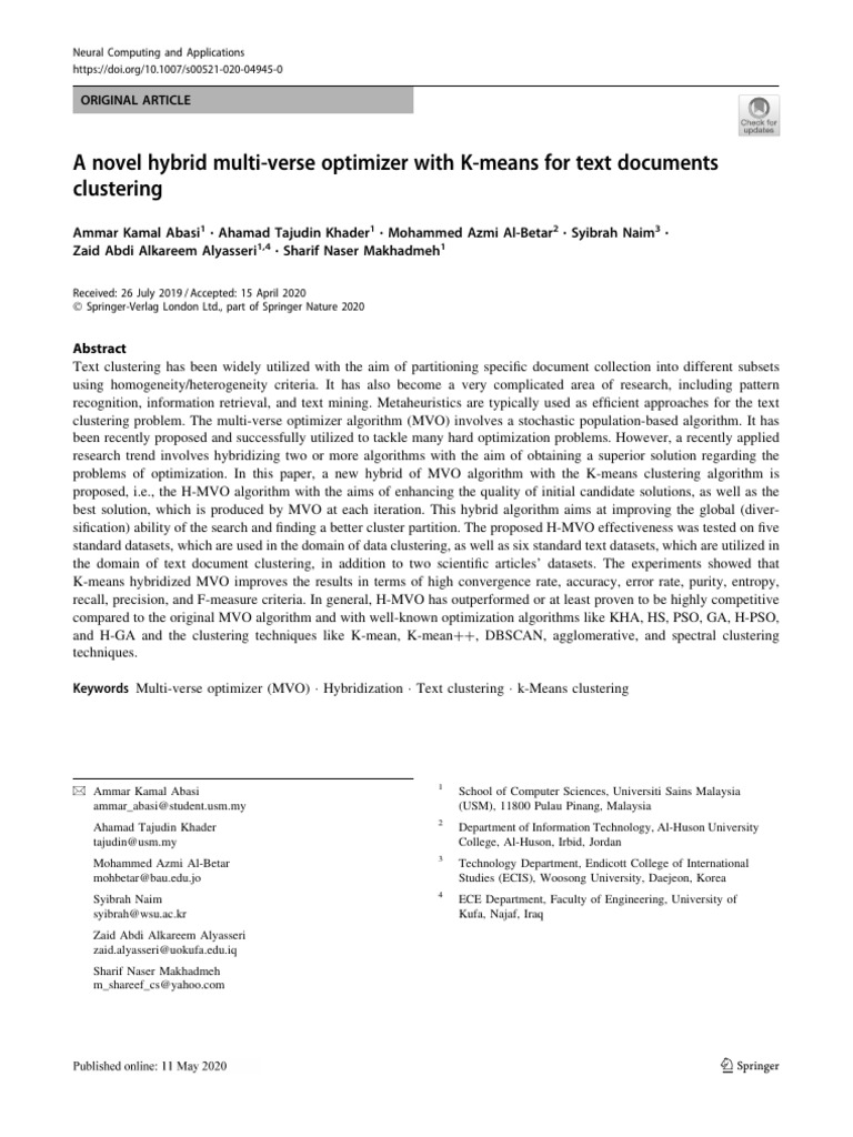 A Novel Hybrid Multi-Verse Optimizer With K-Means For Text Documents | PDF | Cluster Analysis ...