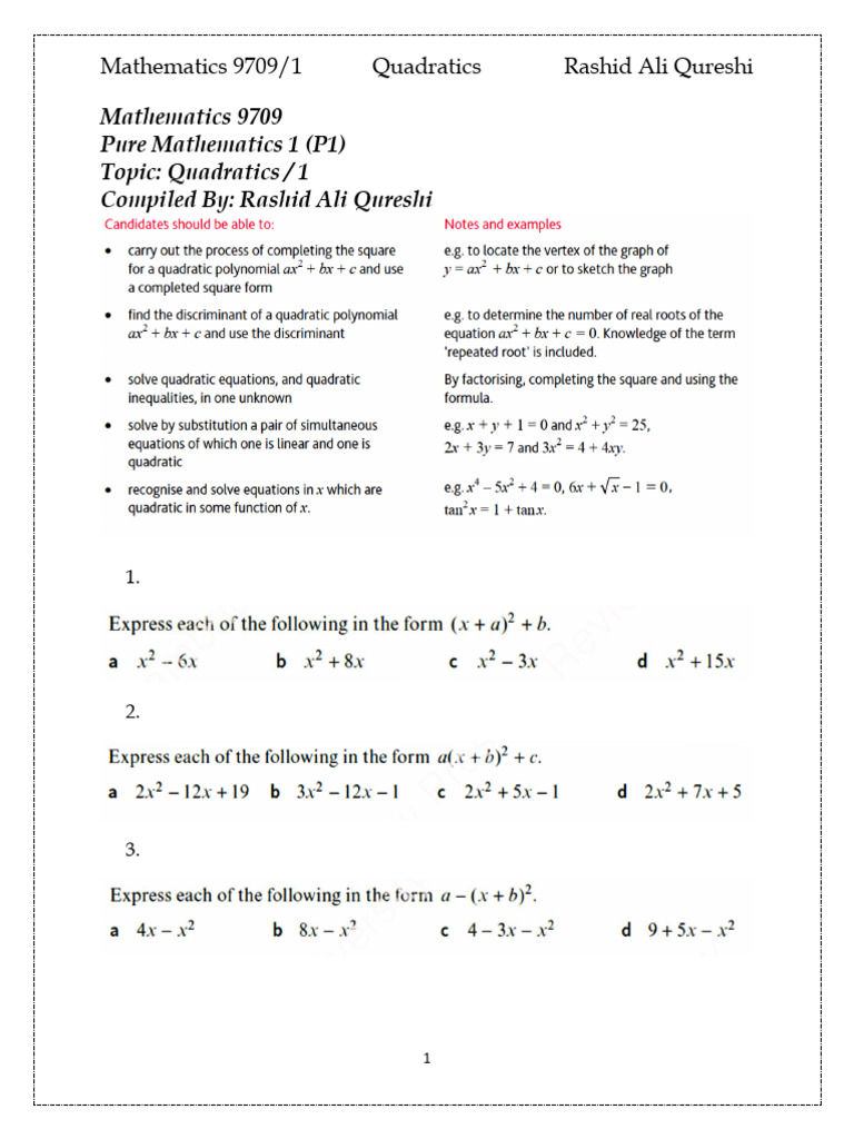 P1 Quadratics 1 | PDF