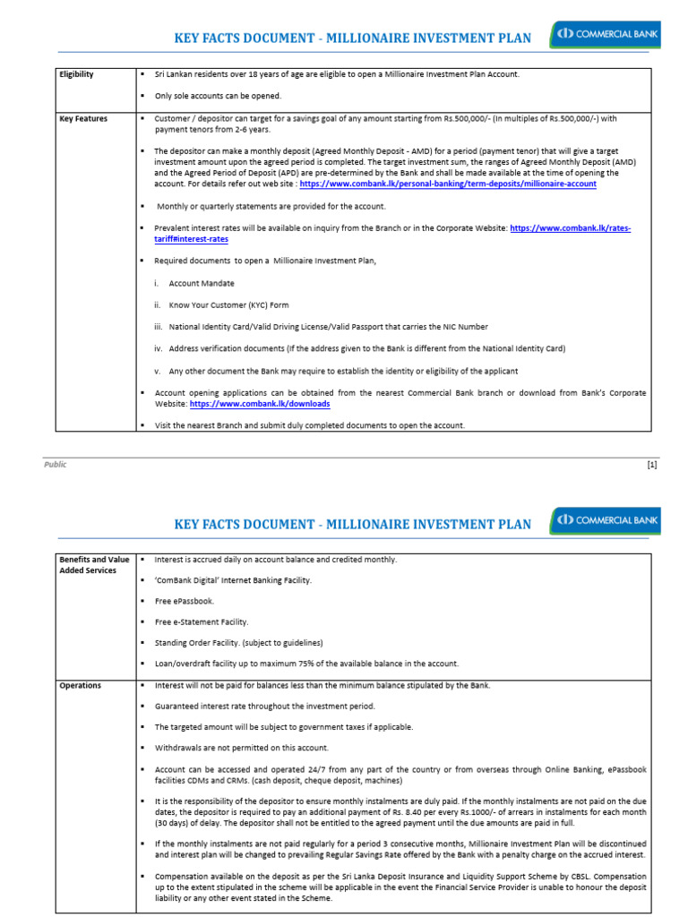 Commercial Bank Millionaire Plan Overview | PDF | Deposit Account | Banks