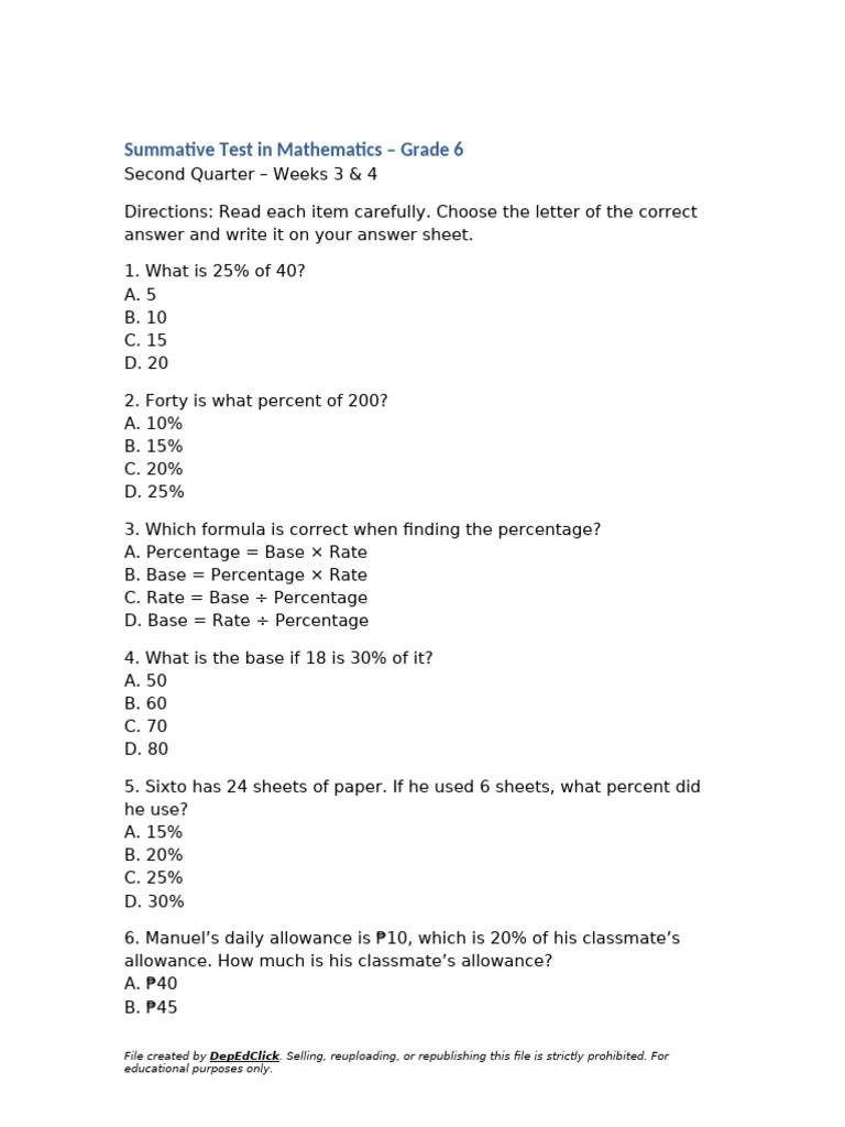 Grade 6 Math Summative Test: Percentages | PDF | Percentage | Chess ...