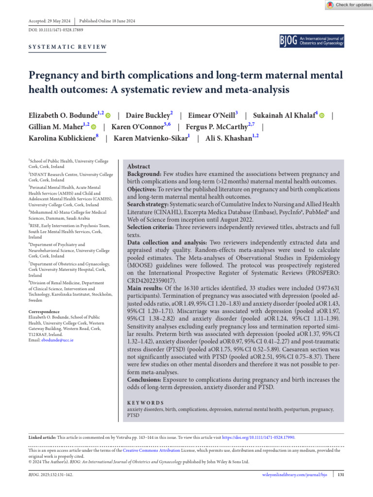BJOG - 2024 - Bodunde - Pregnancy and Birth Complications and Long Term ...