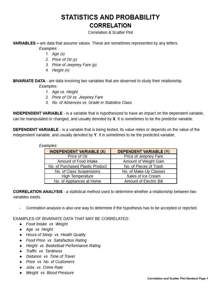 STATPROB - HANDOUT - Correlation (Correlation and Scatter Plot) | PDF ...