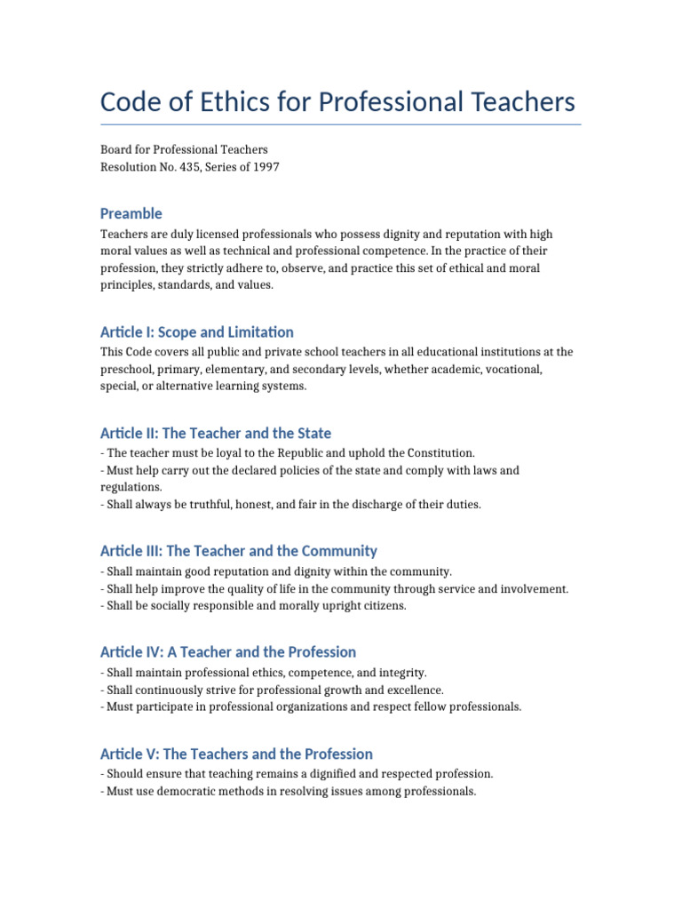 Ethical Standards for Professional Teachers | PDF | Teachers | Profession