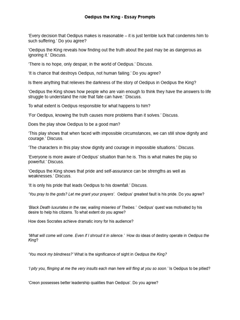 Oedipus The King - Essay Prompts | PDF | Oedipus | Sophocles