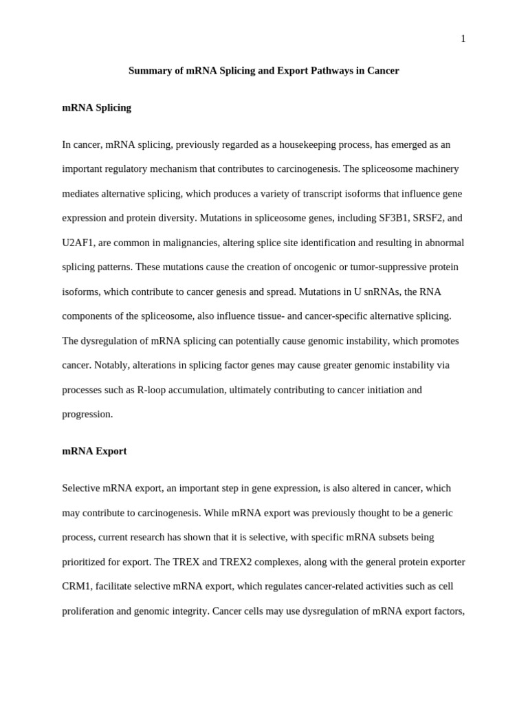 Summary of mRNA Splicing and Export Pathways in Cancer | PDF | Rna ...