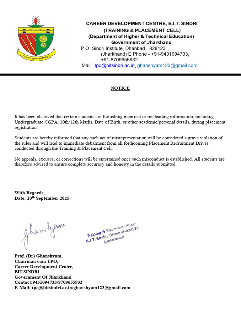 NOTICE-Misrepresentaion in Placement Registration-1 | PDF