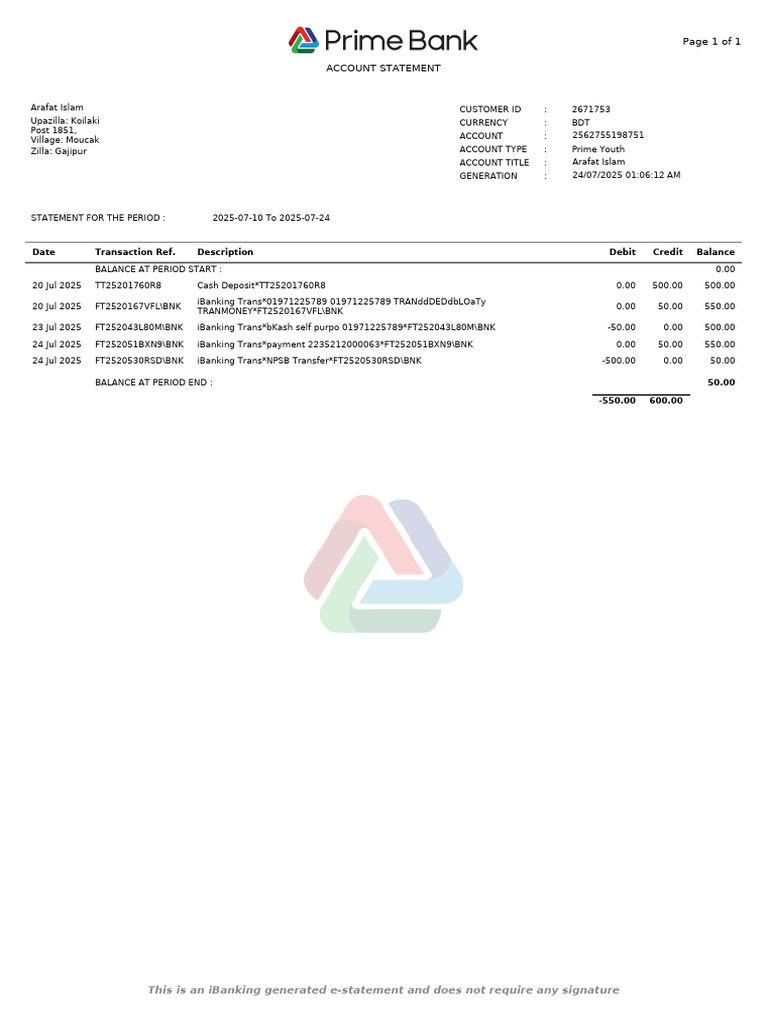 Estatement 2235213000062 202507240106 | PDF | Banks | Debits And Credits