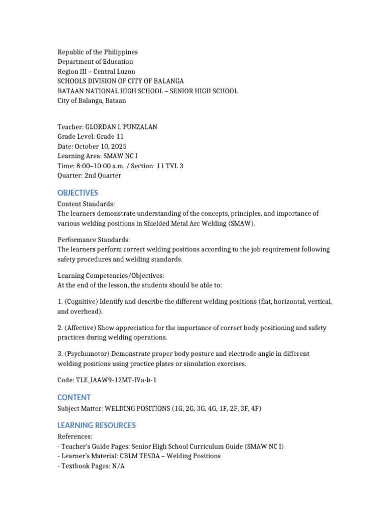 Lesson Plan Welding Positions Glordan Punzalan | PDF | Welding ...