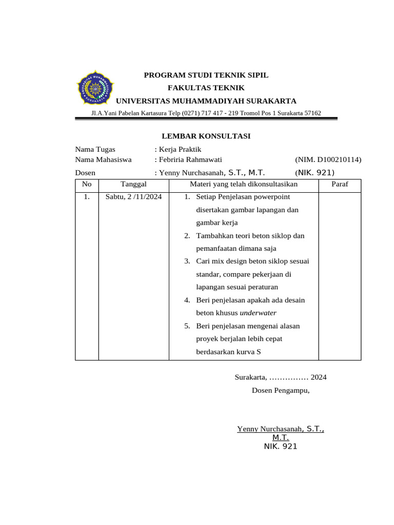 Lembar Konsultasi Kerja Praktik | PDF