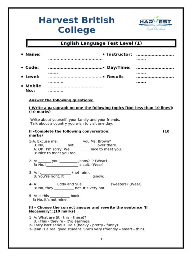 British College English Test Level 1 | PDF | Tea | Hot Drinks