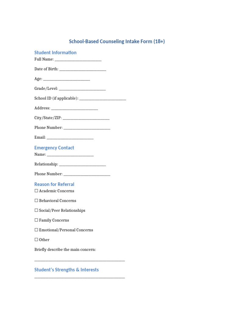 School Counseling Intake Form for Adults | PDF