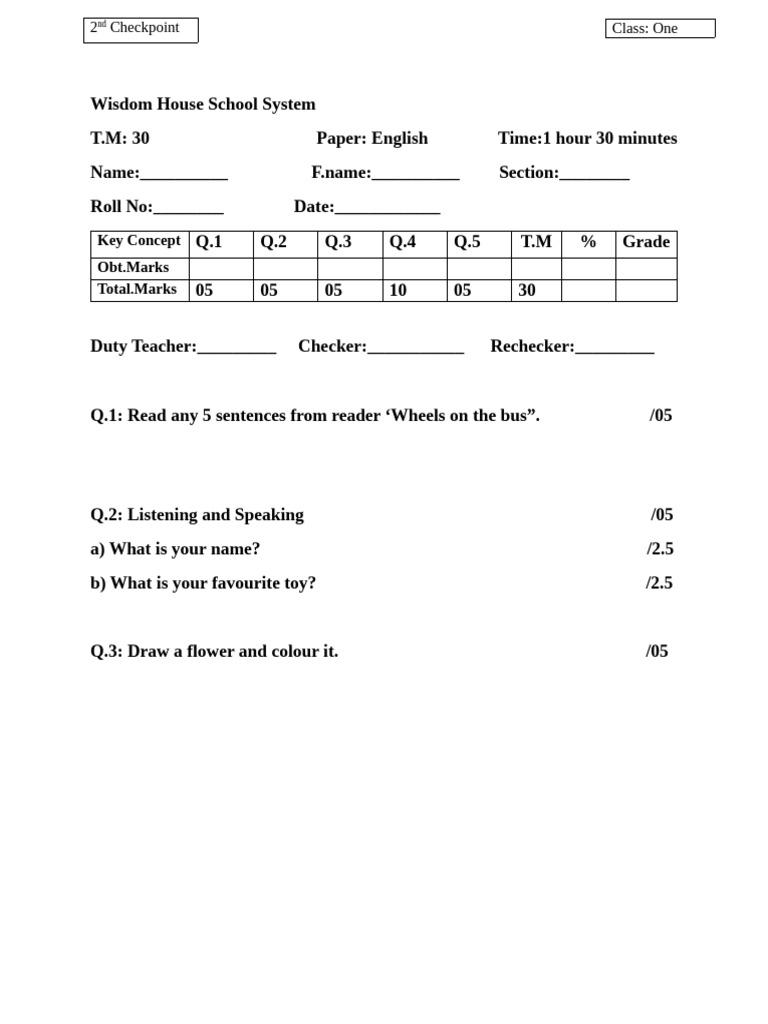 English Paper Class One | PDF