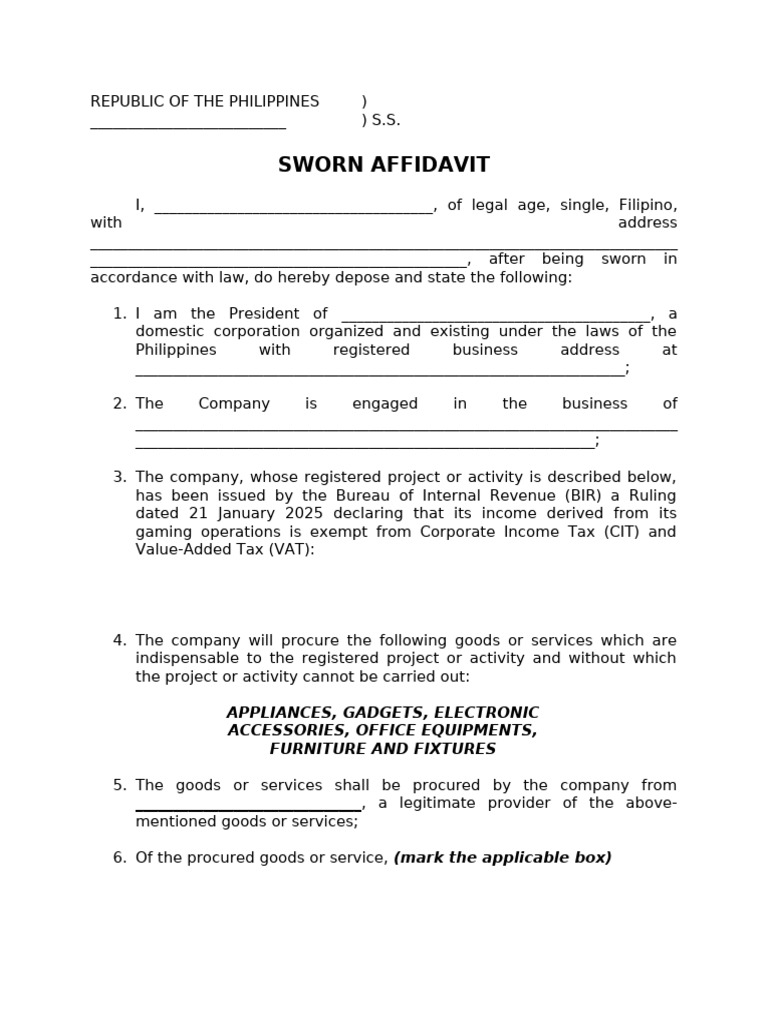 Sworn Affidavit for Tax Exemption | PDF | Affidavit | Payments