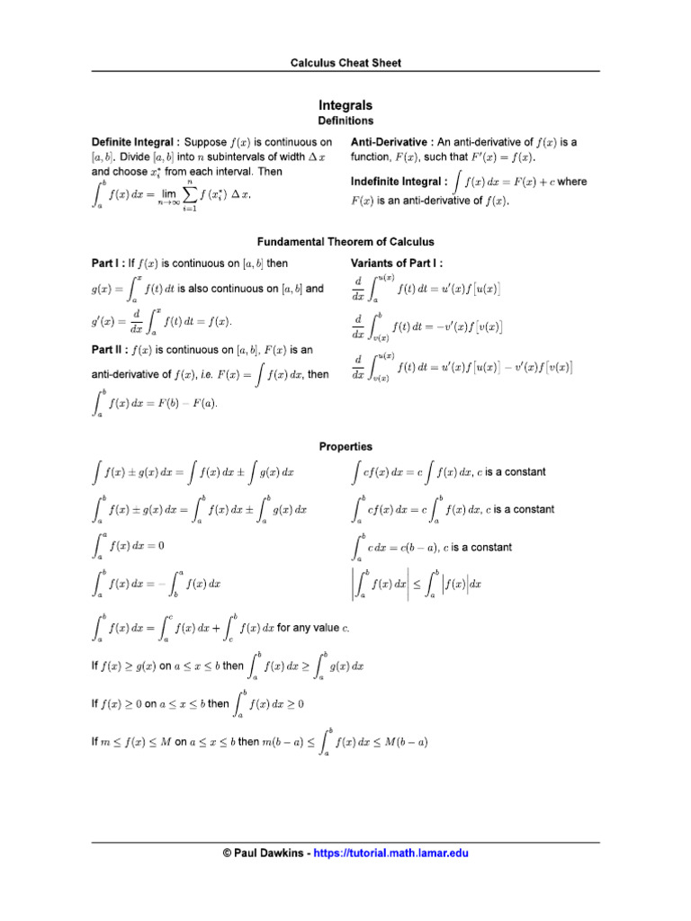 Integral Cheat Sheet | PDF