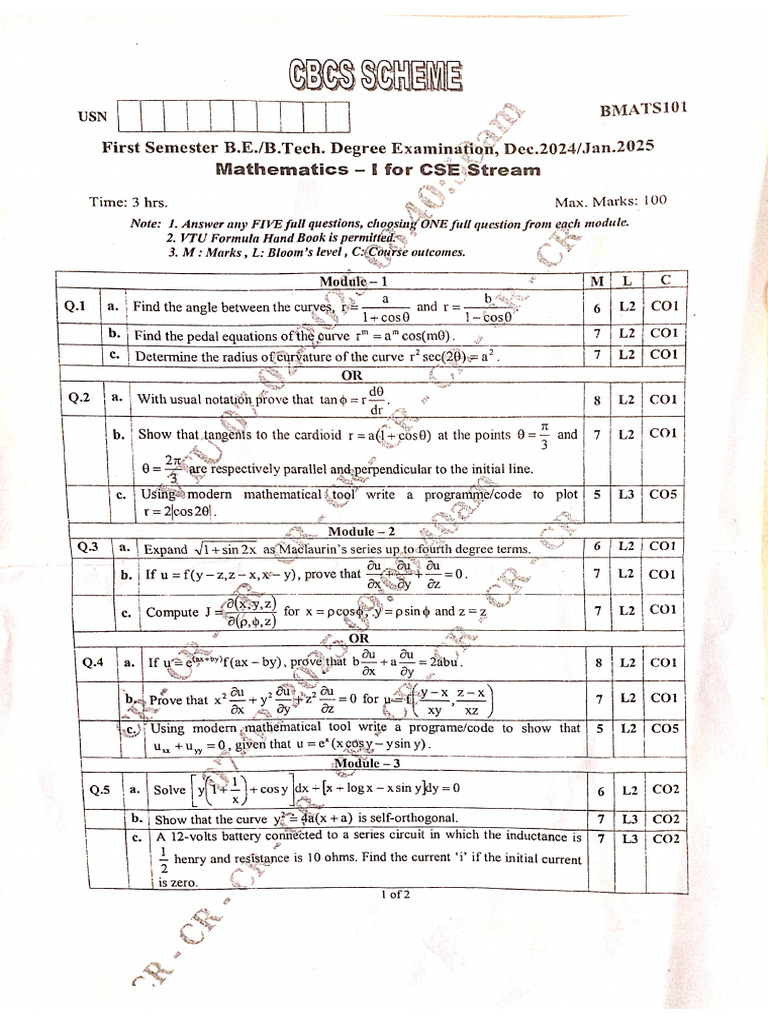 VTU Exam Question Paper With Solution of BMATS101 Mathematics I For CSE ...
