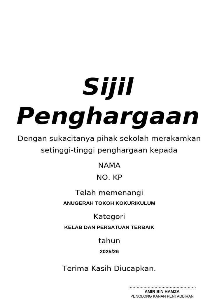 Sijil Penghargaan Penerima Anugerah Tokoh Kokurikulum | PDF