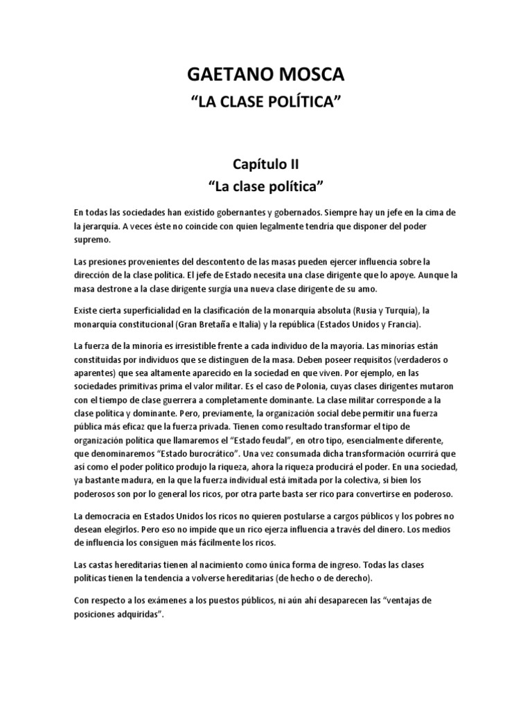 Resumen: Gaetano Mosca - La Clase Política | PDF | Burocracia | Estado ...