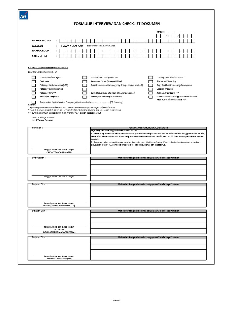 Form AXA BLU Interview Dan Checklist Dokumen | PDF