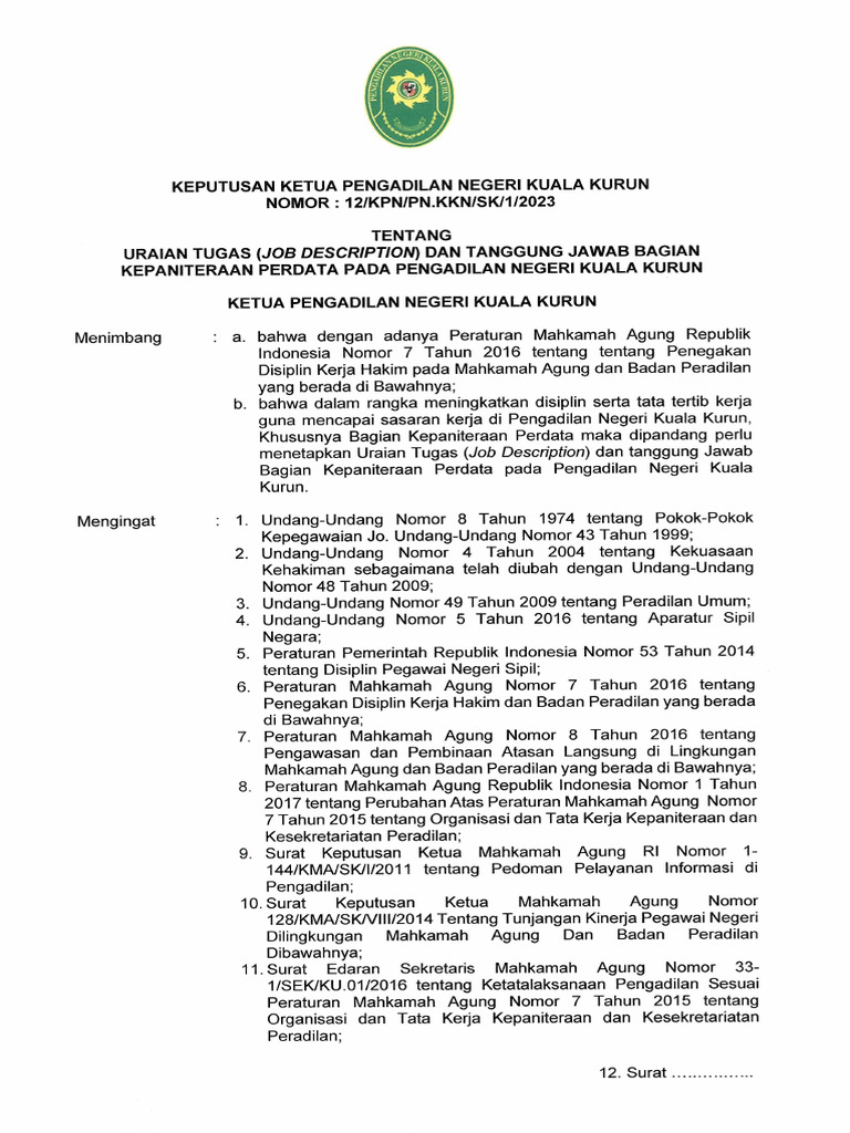 SK KPN 2023 Nomor 12 Tentang Uraian Tugas (Job Description) Dan Tanggung Jawab Bagian ...