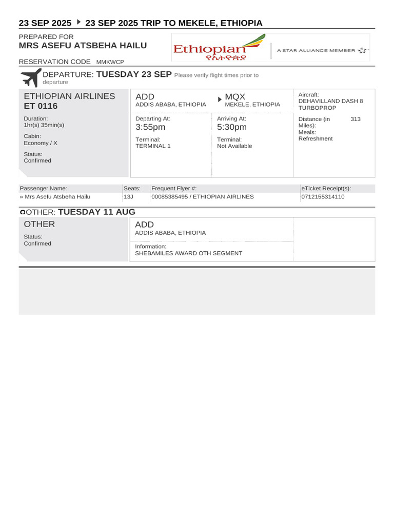 Travel Reservation September 23 For MRS ASEFU ATSB - 250920 - 143219 | PDF