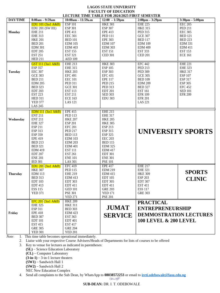 Education 2025 2026 First Semester Lecture Time Table-1 | PDF