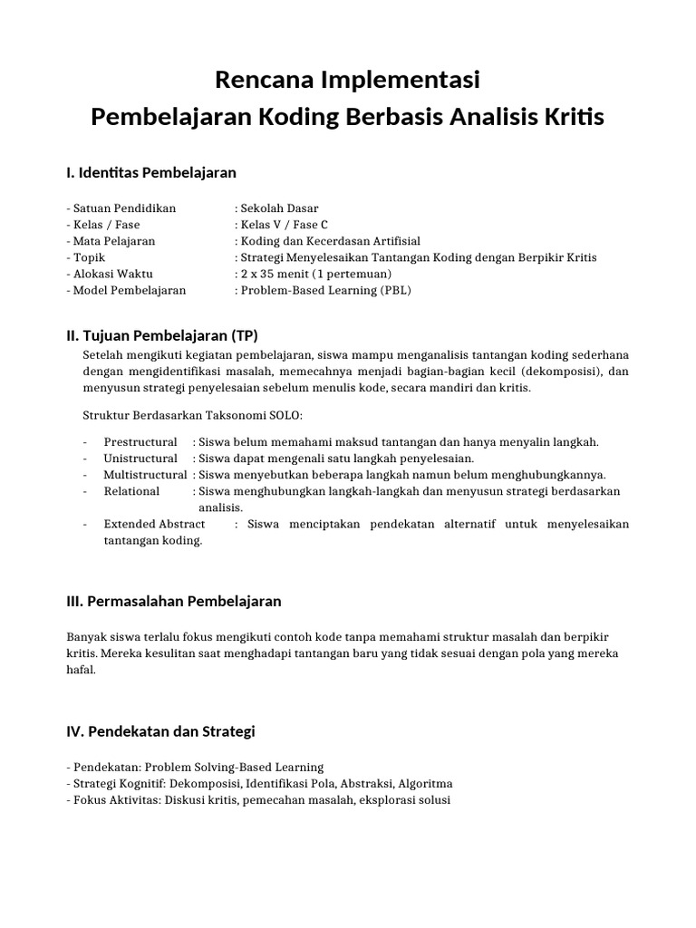 Rencana Implementasi Koding FaseC Kelas5 SD | PDF