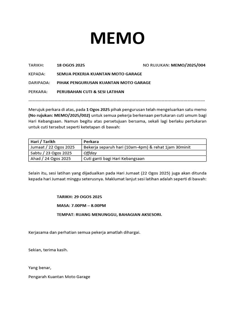 Memo Tukar Cuti Merdeka | PDF