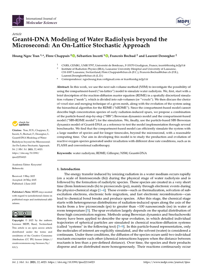 Geant4-DNA Water Radiolysis Modeling | PDF | Diffusion | Physical Chemistry