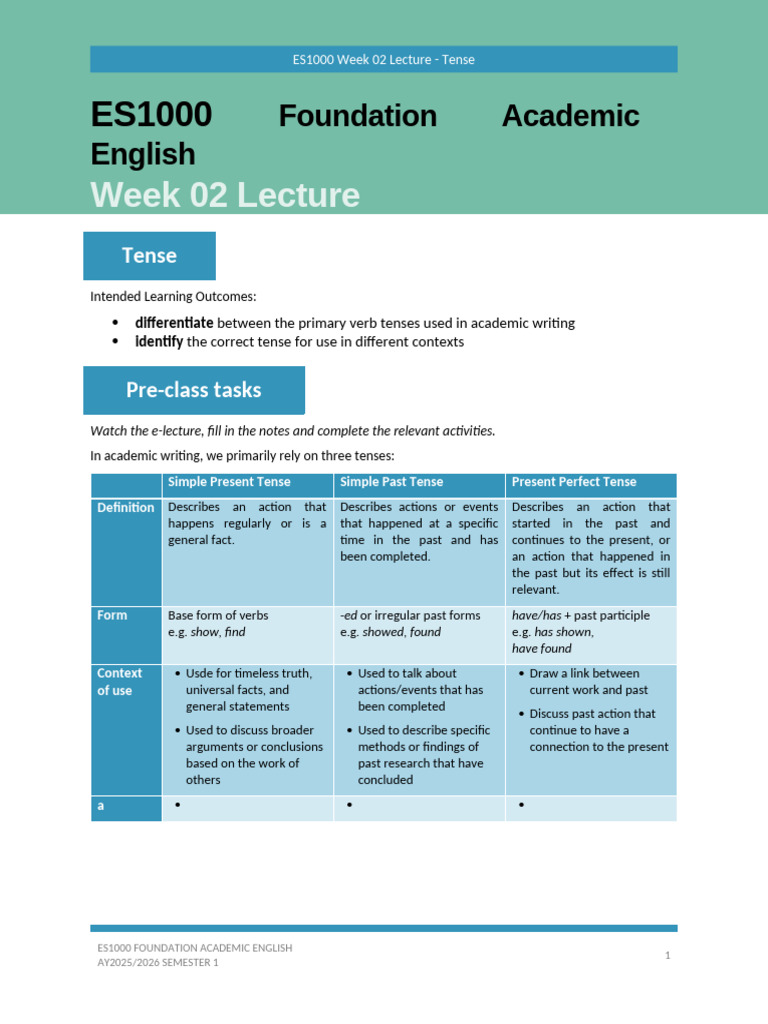 ES1000 W02 Lecture Tense | PDF | Grammatical Tense | Perfect (Grammar)