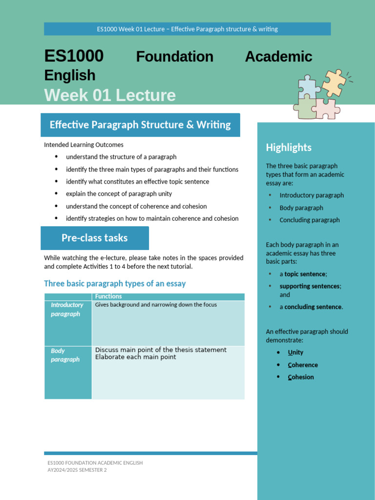 ES1000 W01 - Lecture - Effective Paragraph Structure and Writing | PDF ...