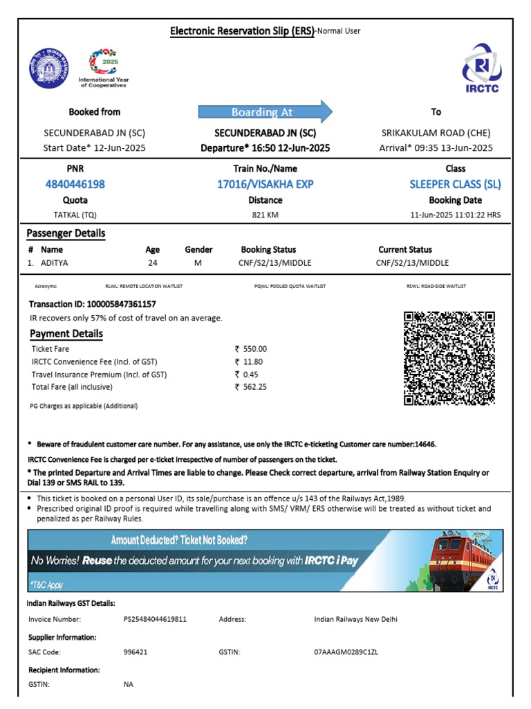 17016/VISAKHA EXP Sleeper Class (SL) | PDF | Identity Document | Payments