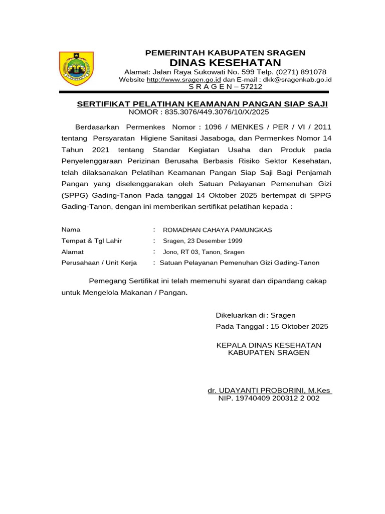 Master Sertifikat - Poss - SPPG | PDF