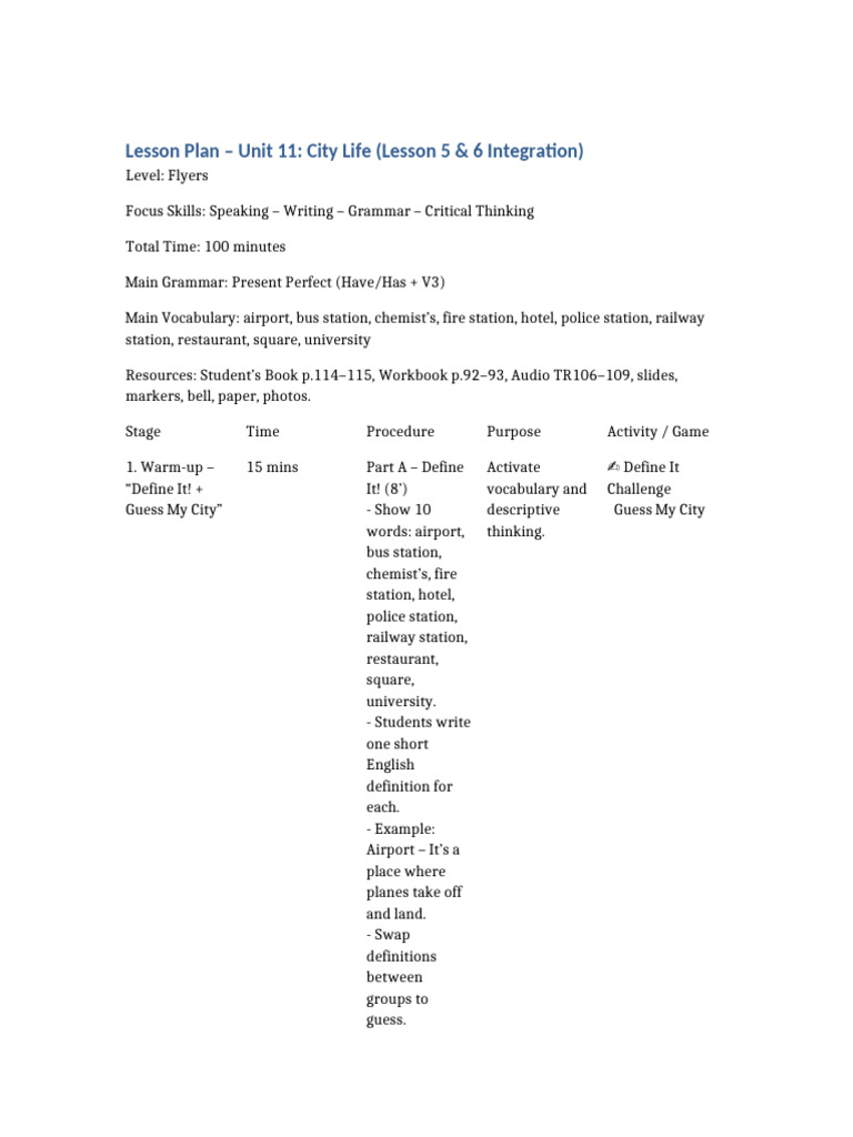 Lesson Plan Flyers Unit11 CityLife Final | PDF | Linguistics | Learning