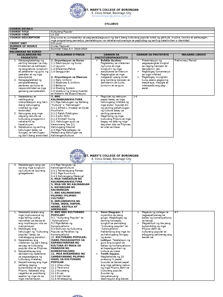 Summer Class Syllabus - Lit 102 Kulturang Popular | PDF