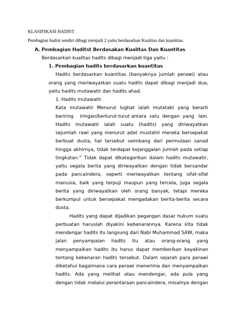 Klasifikasi Hadist: Mutawatir dan Ahad | PDF