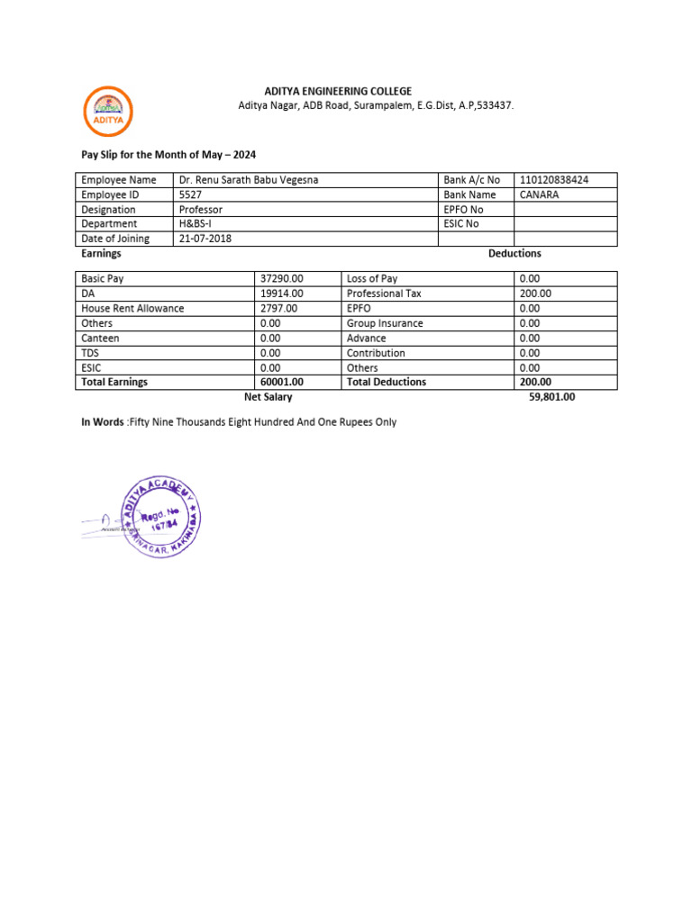 Monthly Pay Slips for Dr. Renu Vegesna | PDF | Public Finance | Taxes