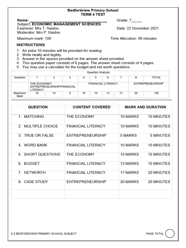Grade 7 Economic Management Test | PDF | Expense | Banks