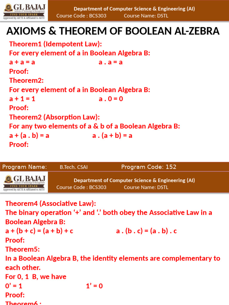 Boolean Algebra Axioms and Theorems | PDF | Boolean Algebra | Teaching ...