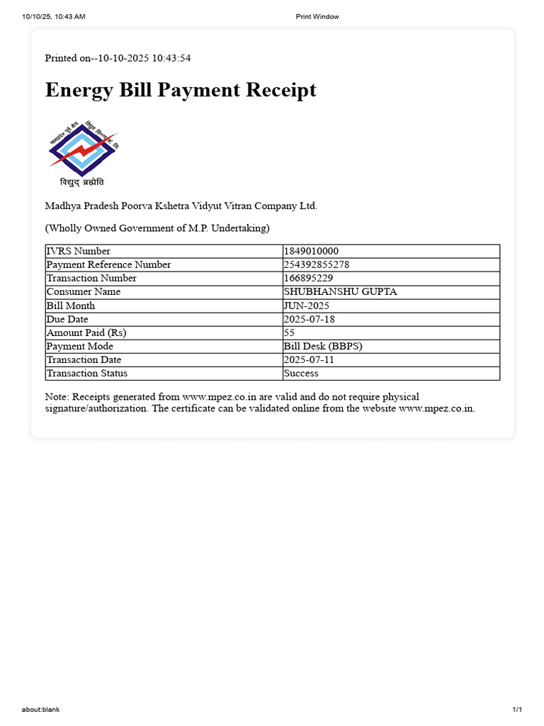 Madhya Pradesh Energy Bill Receipt | PDF