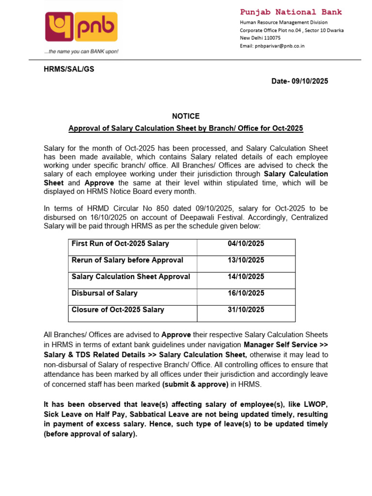 Salary Approval Notice for Oct-2025 | PDF | Salary | Employment