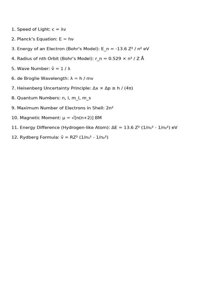 Atomic Structure Formulas | PDF