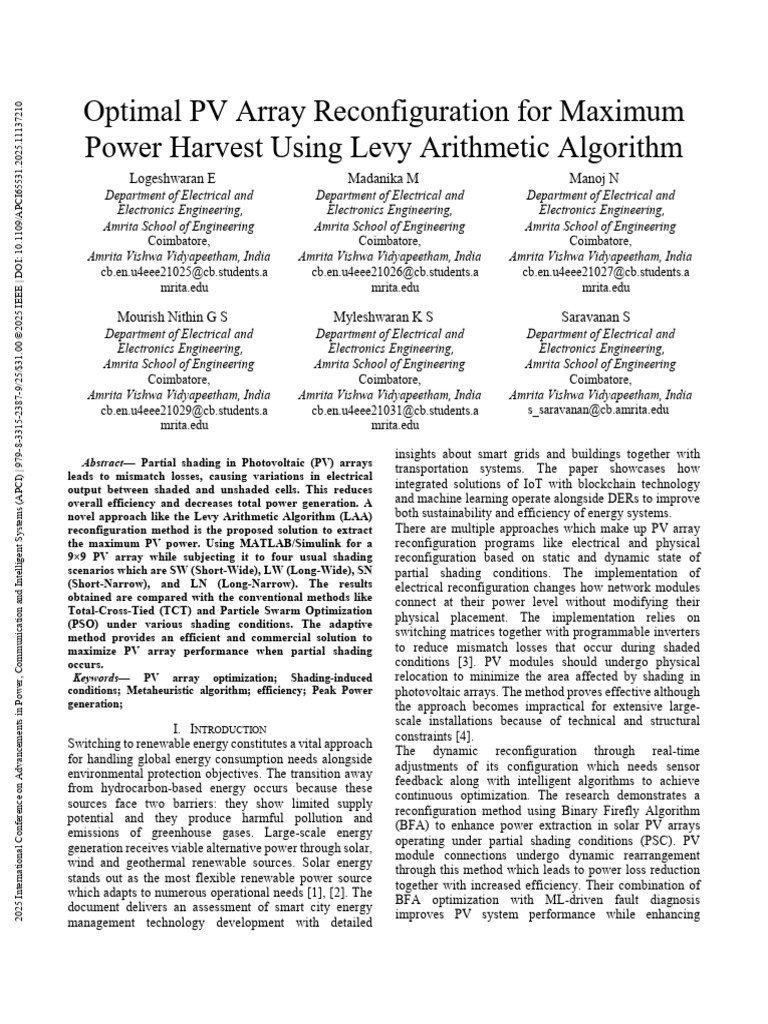 Optimal PV Array Reconfiguration For Maximum Power Harvest Using Levy ...