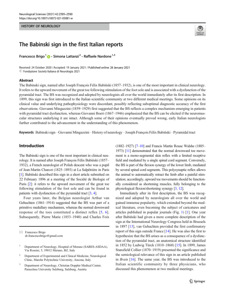 The Babinski Sign in The First Italian Reports | PDF | Neurology ...