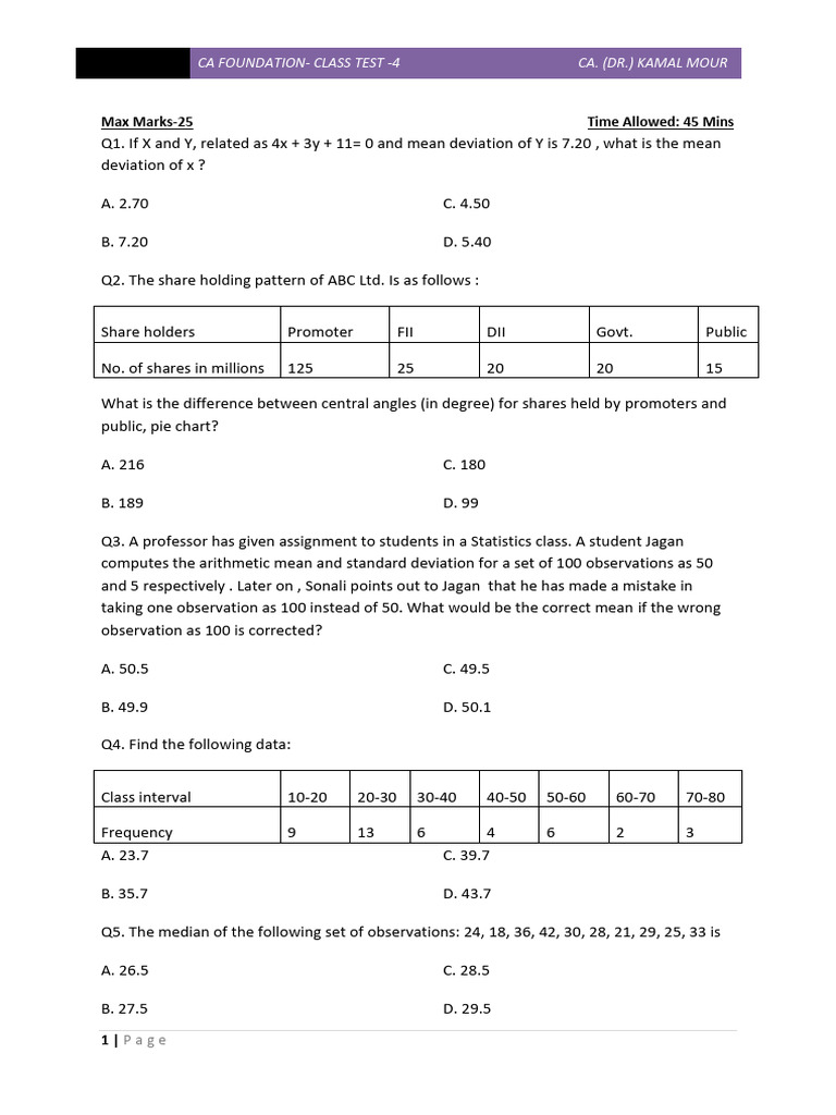 CA Foundation Class Test 4 Questions | PDF | Mean | Median