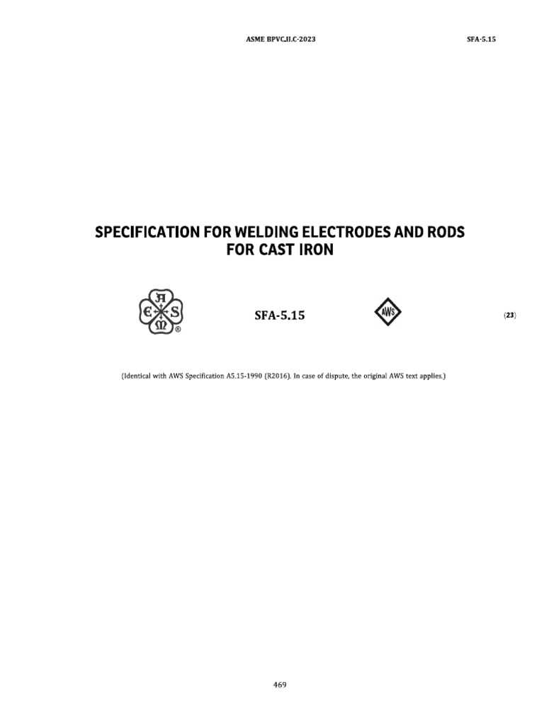 ASME SFA-5.15 (2023) Electrodes and Rods For Cast Iron | PDF