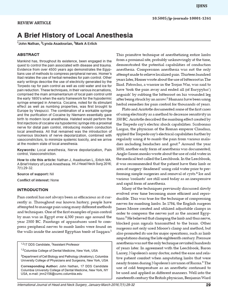 History of Local Anesthesia | PDF | Anesthesia | Medical Specialties