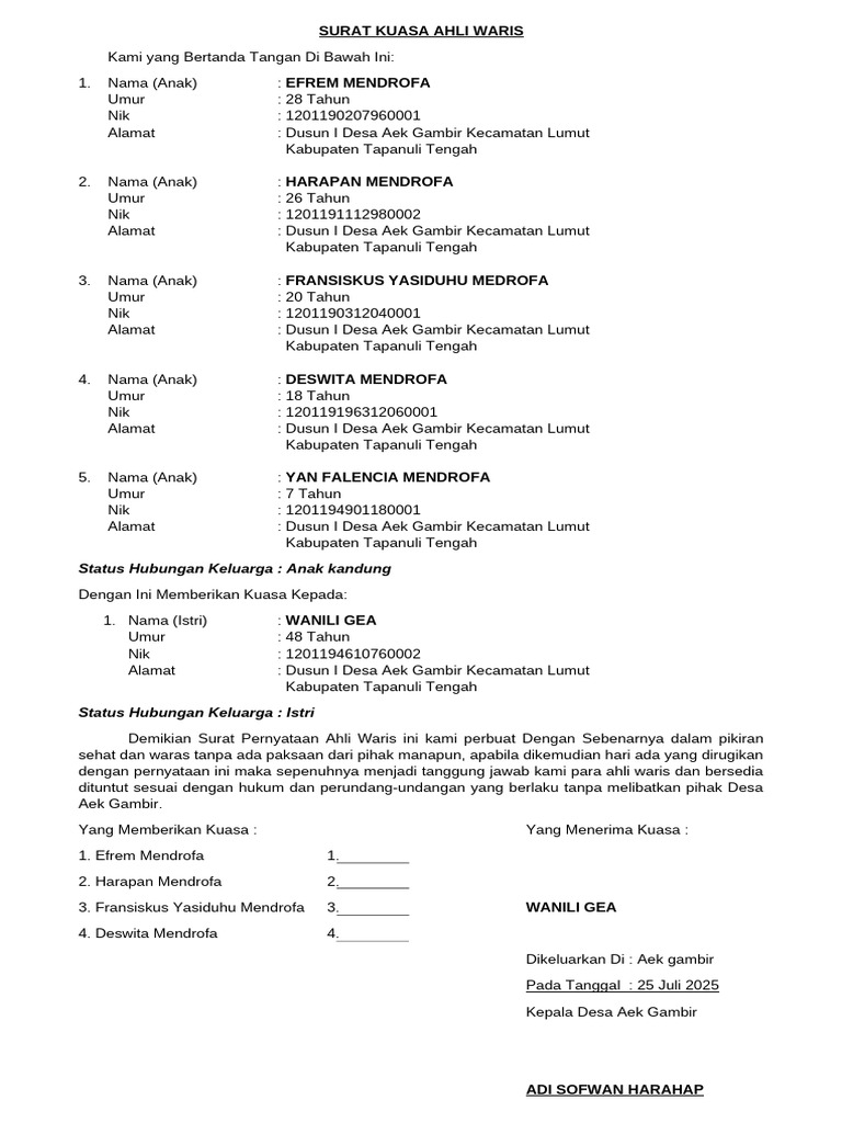 Surat Kuasa Ahli Waris Mendrofa | PDF