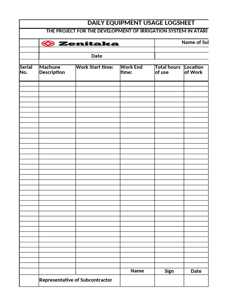 Daily Equipment Usage Log for Irrigation Project | PDF
